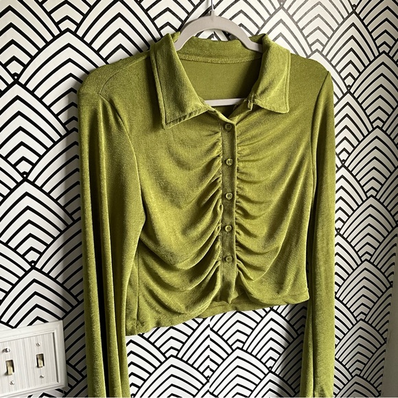 Vintage | Tops | Y2k Olive Green Scrunched Front Button Down Collar ...